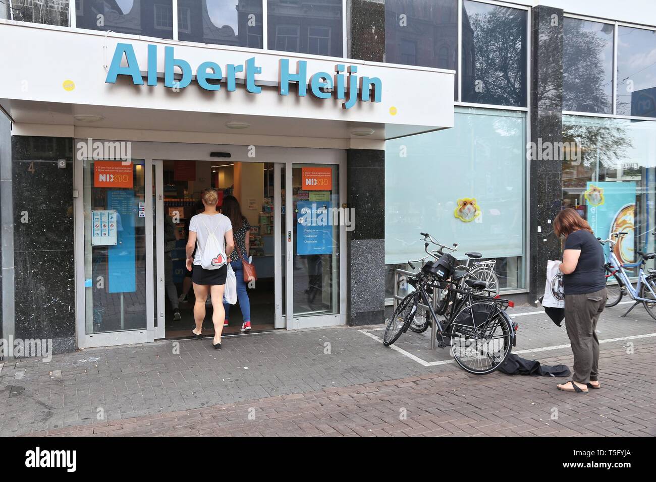 AMSTERDAM, NETHERLANDS - JULY 8, 2017: Customers visit Albert Heijn ...