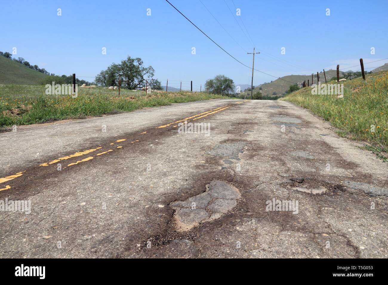 Pothole road - damaged roadway surface in California, USA Stock Photo ...