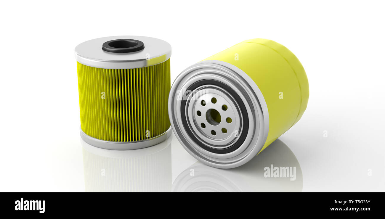 Car engine oil filters yellow color isolated against white background ...