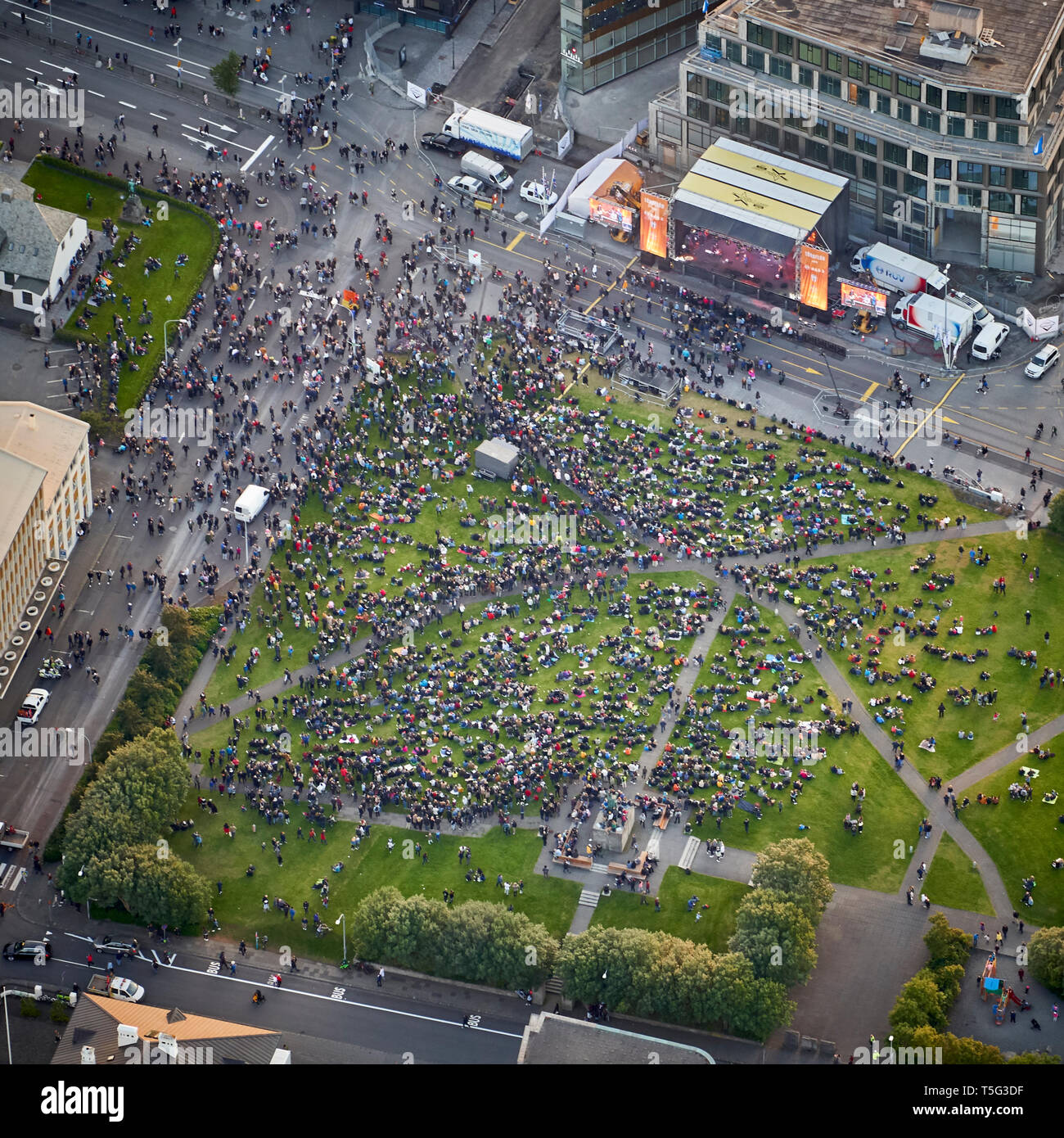 Aerial-Crowds in Reykjavik, Cultural Day, Reykjavik, Iceland Stock ...