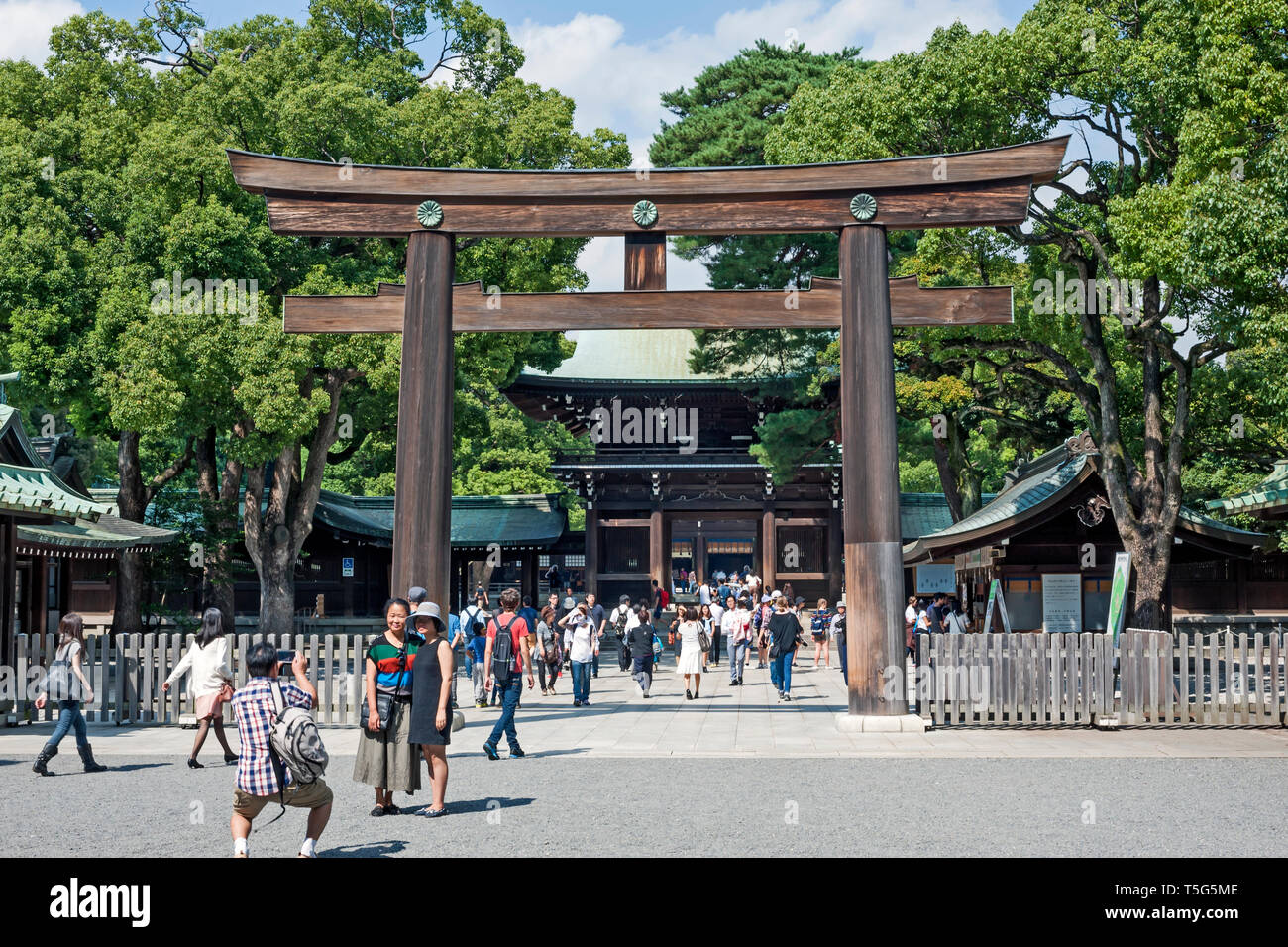 Wooden torii (gateway) to Meiji Jingu, (Meiji Shrine) grounds at ...