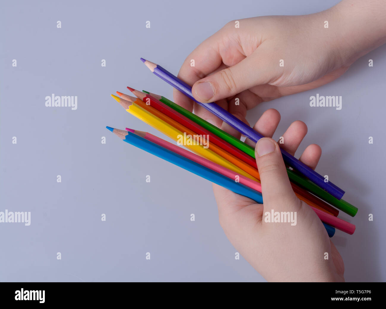 Hand holding color Pencils placed on a white background Stock Photo - Alamy