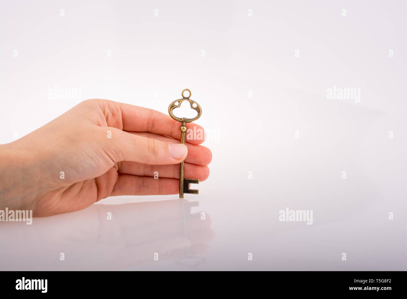 Hand holding a key on a white background Stock Photo - Alamy