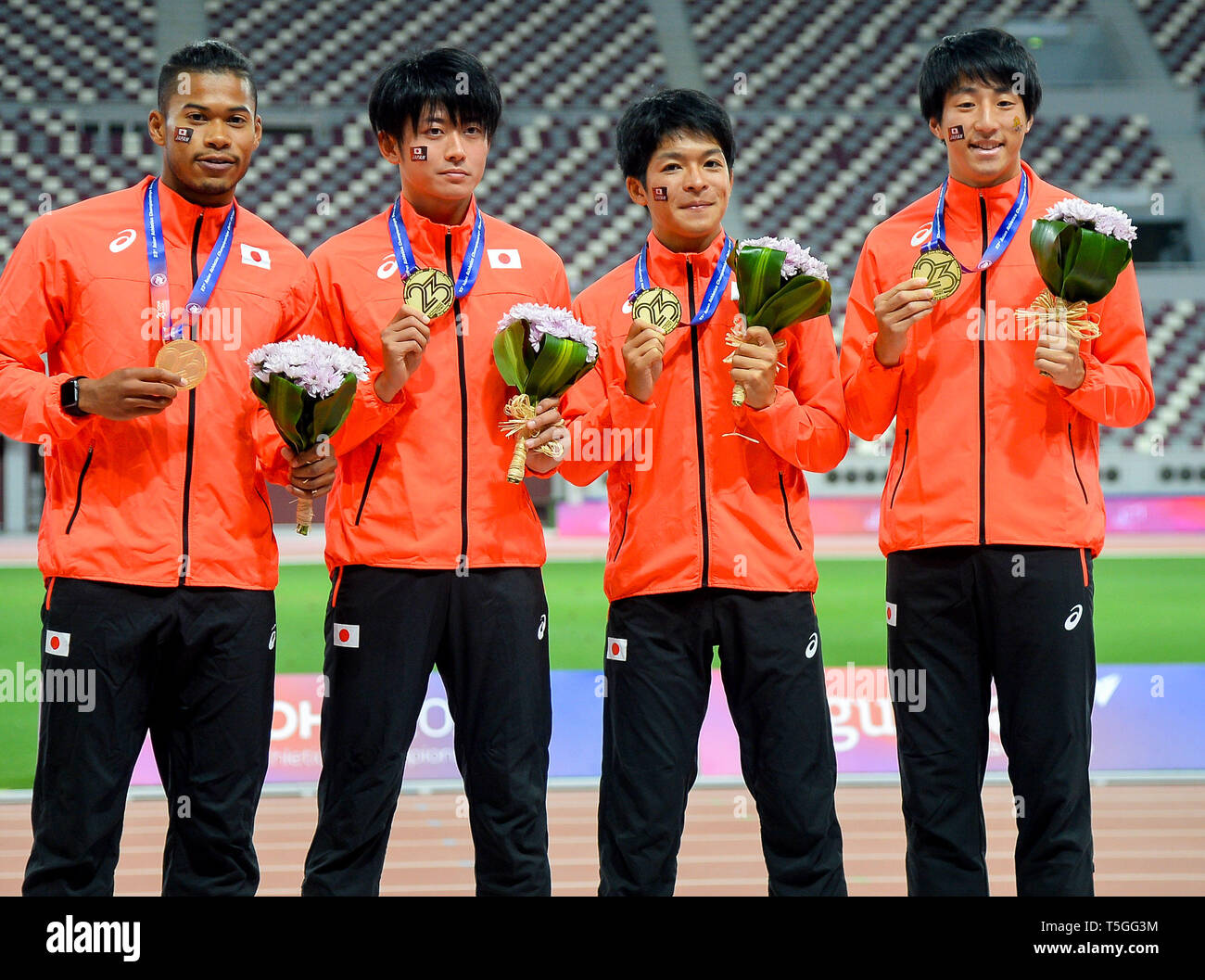 Doha, Qatar. 24th Apr, 2019. Japan's 4x400m relay team celebrates ...