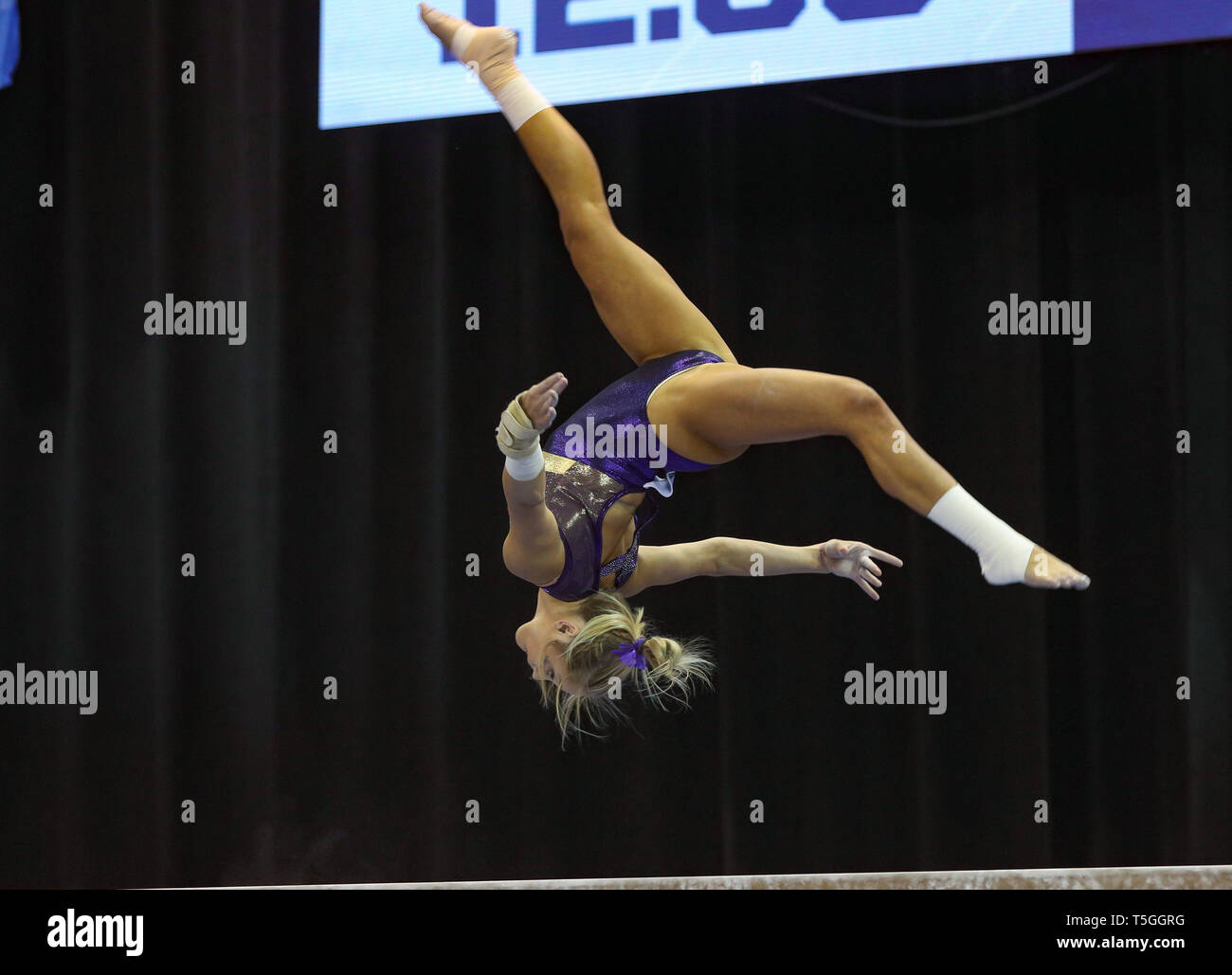 Fort Worth, TX, USA. 20th Apr, 2019. LSU's Reagan Campbell does a flip ...