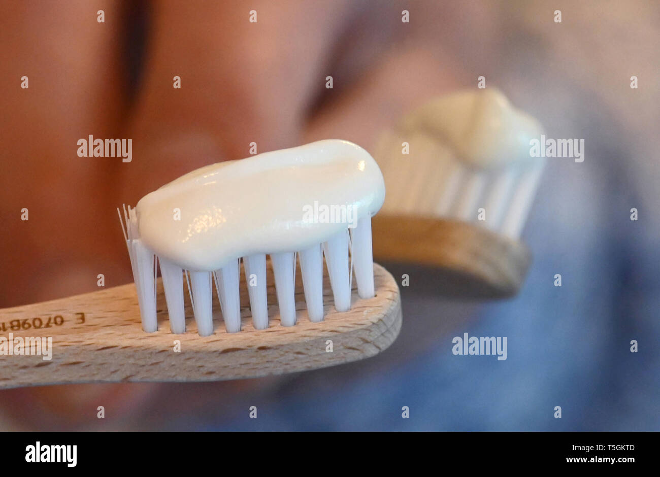 Karlsruhe, Germany. 25th Apr, 2019. Toothpaste is applied to a wooden ...