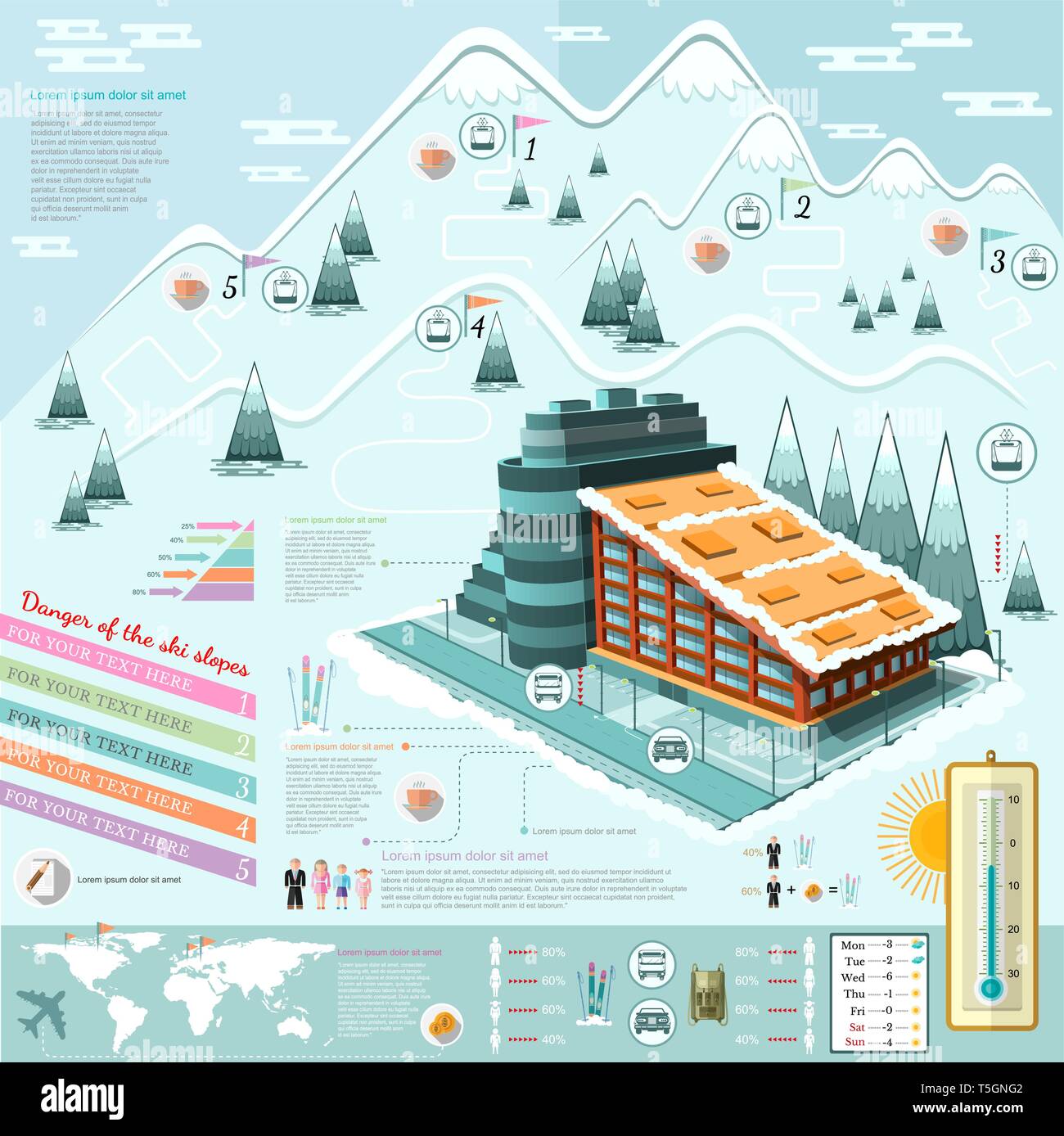 set of flat design ski resort infographics with hotel transportation ...