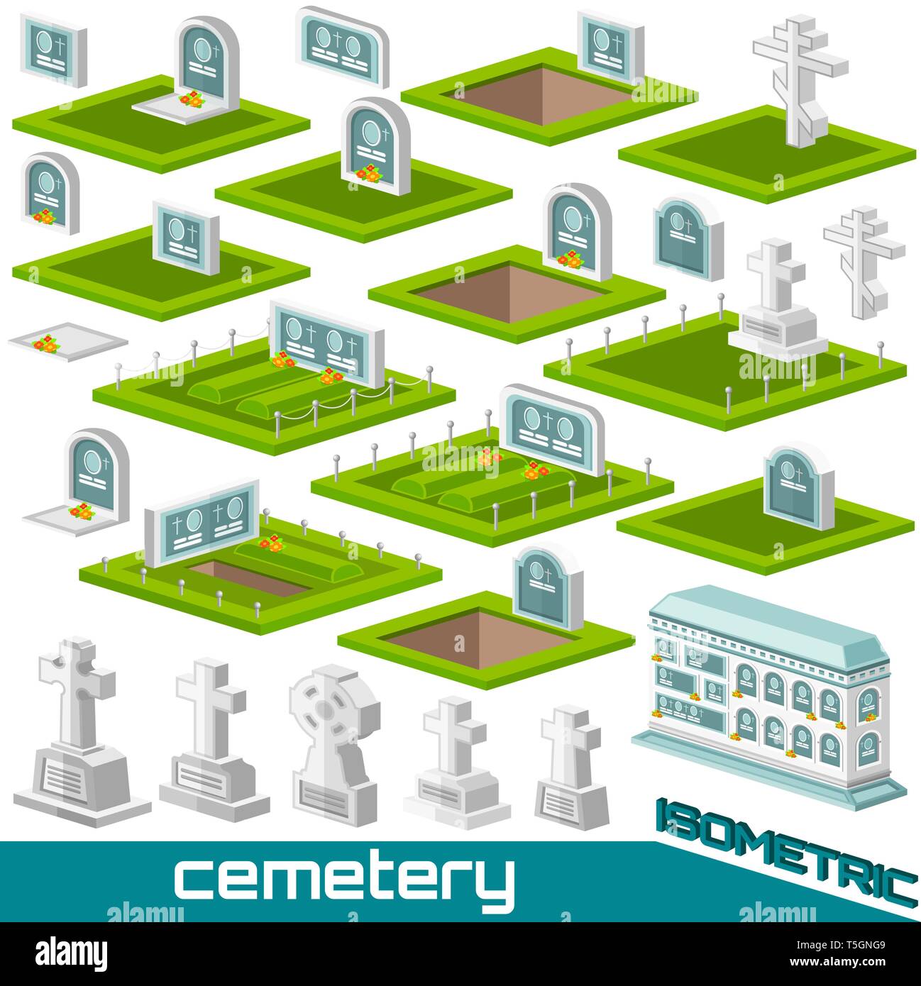 Set of isometric grave and crosses different style for cemetery vector ...