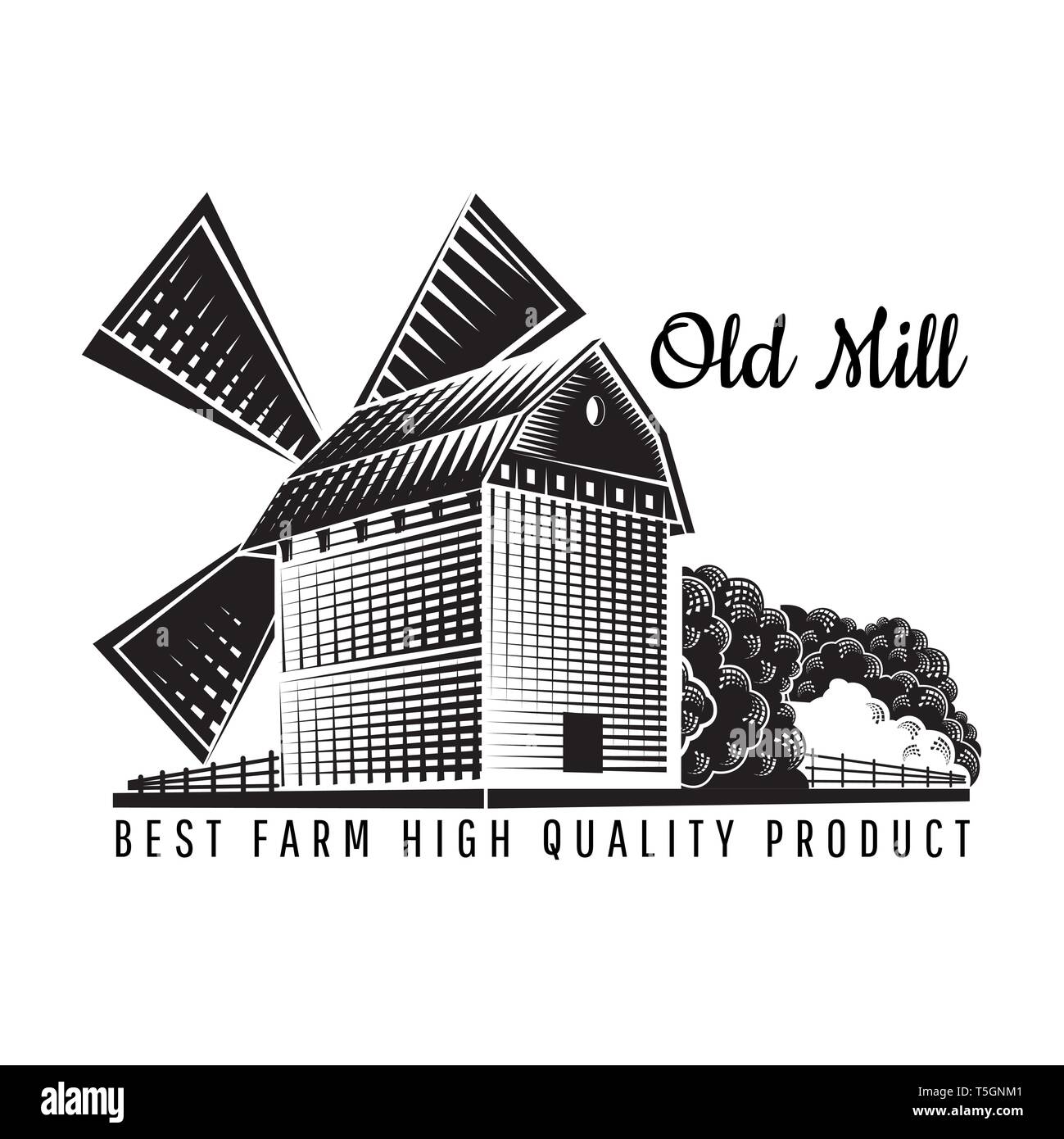 Windmill farm building retro style vintage label isolated on white ...