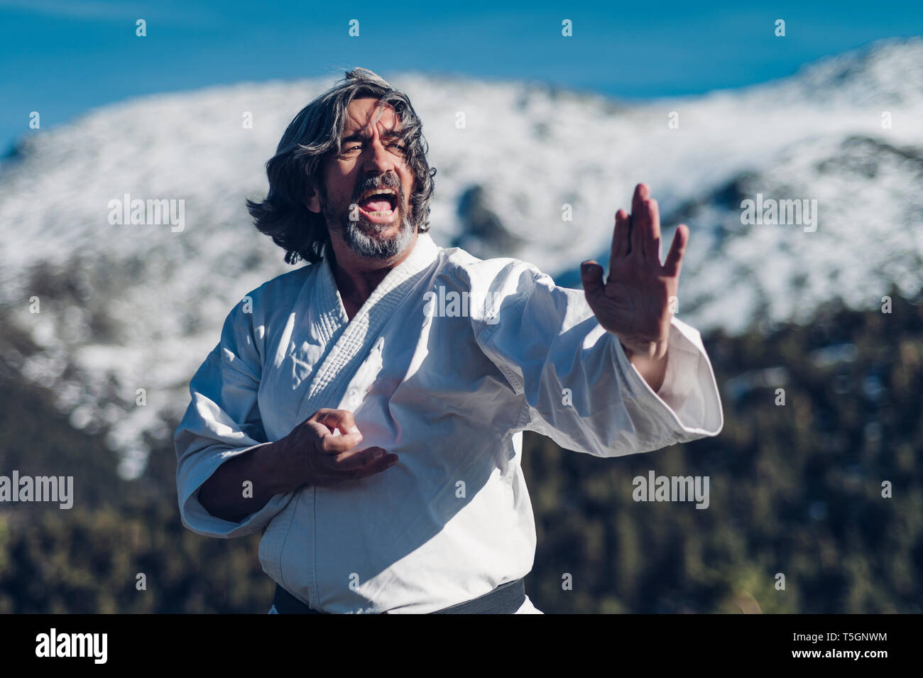 Senior man practicing karate outdoors Stock Photo - Alamy
