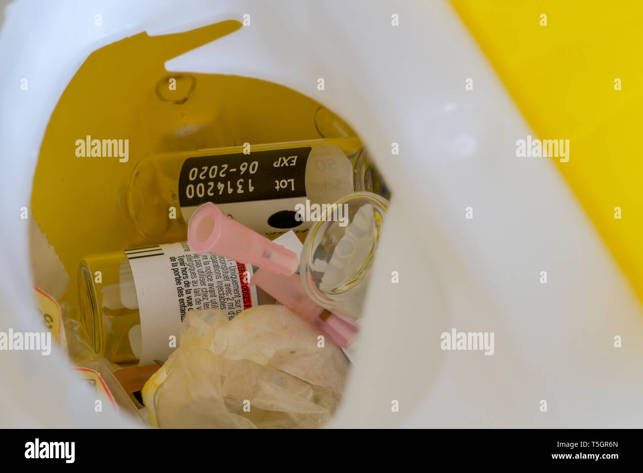 Yellow Medical waste container use at home for cancer treatment Stock ...