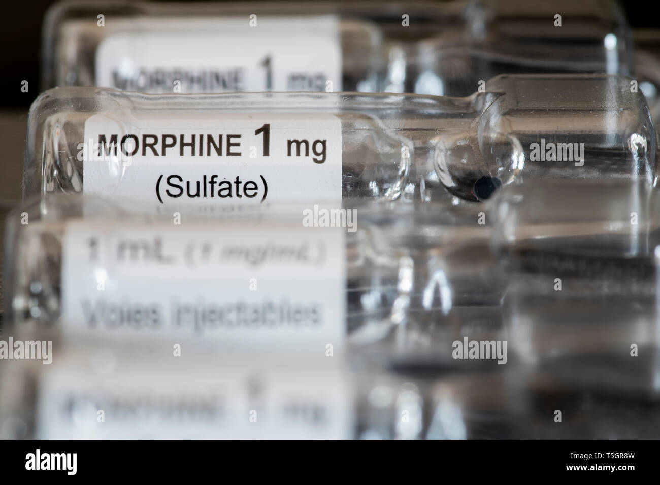 Close-up of MORPHINE SULFATE 1 MG/ML VIAL for injections or infusion ...