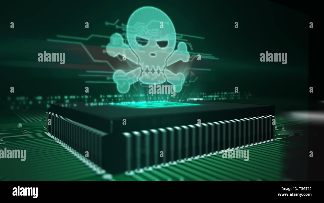Cyber security concept with skull hologram over working cpu in ...