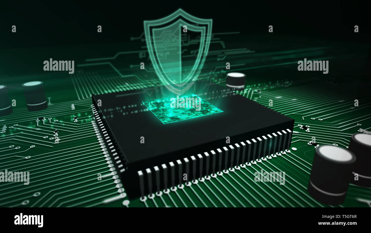 Cyber security concept with shield hologram over working cpu in background. Futuristic circuit ...