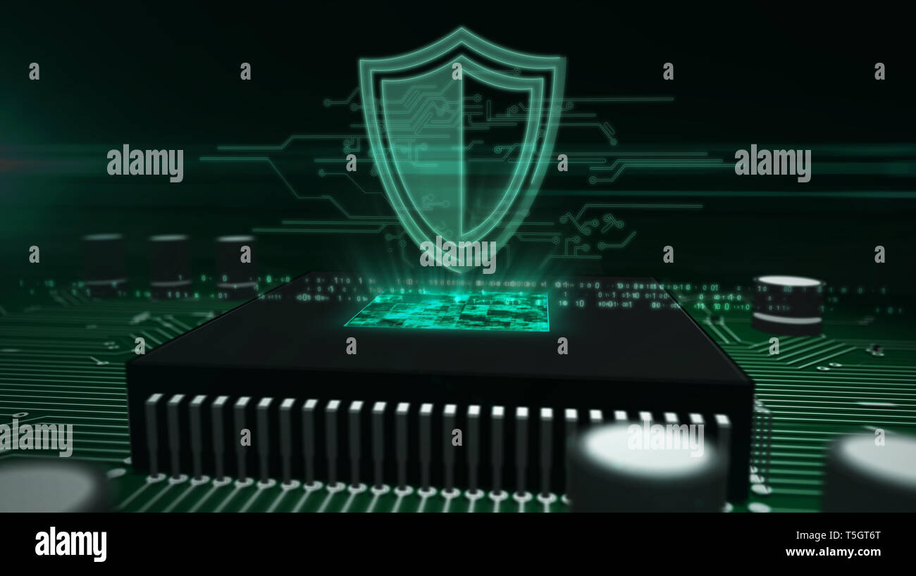 Cyber security concept with shield hologram over working cpu in ...