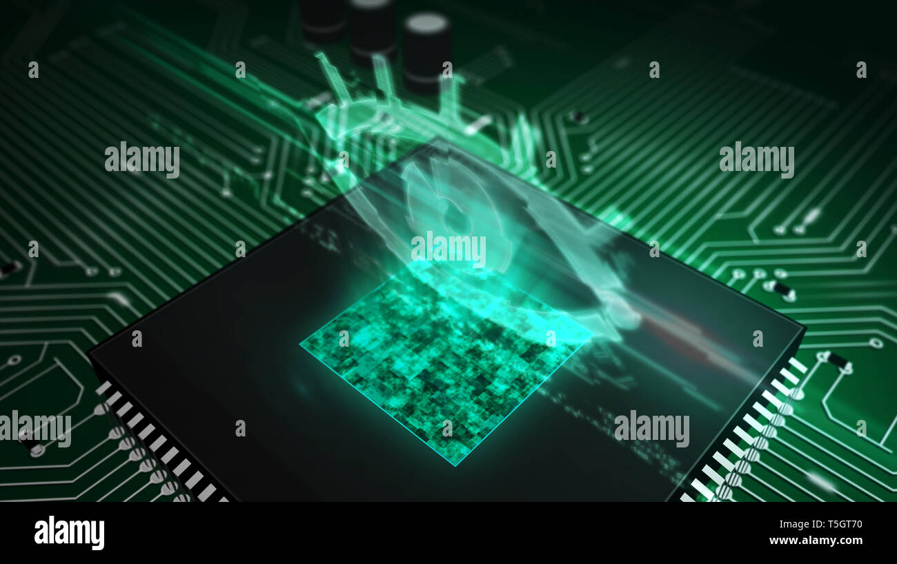 Cyber Surveillance Concept With Spy Eye Hologram Over Working Cpu In Background Circuit Board