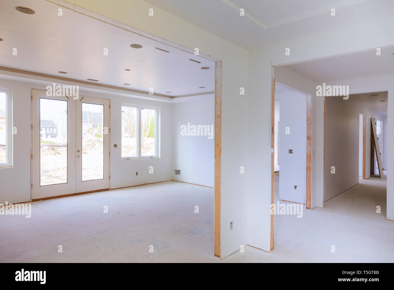 Interior of unfinished the installation construction of housing wooden ...
