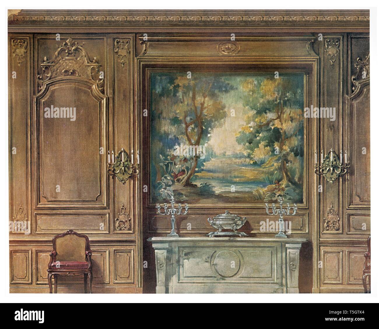 Dining room Louis XIV style, geometrical view . Vintage illustration by ...
