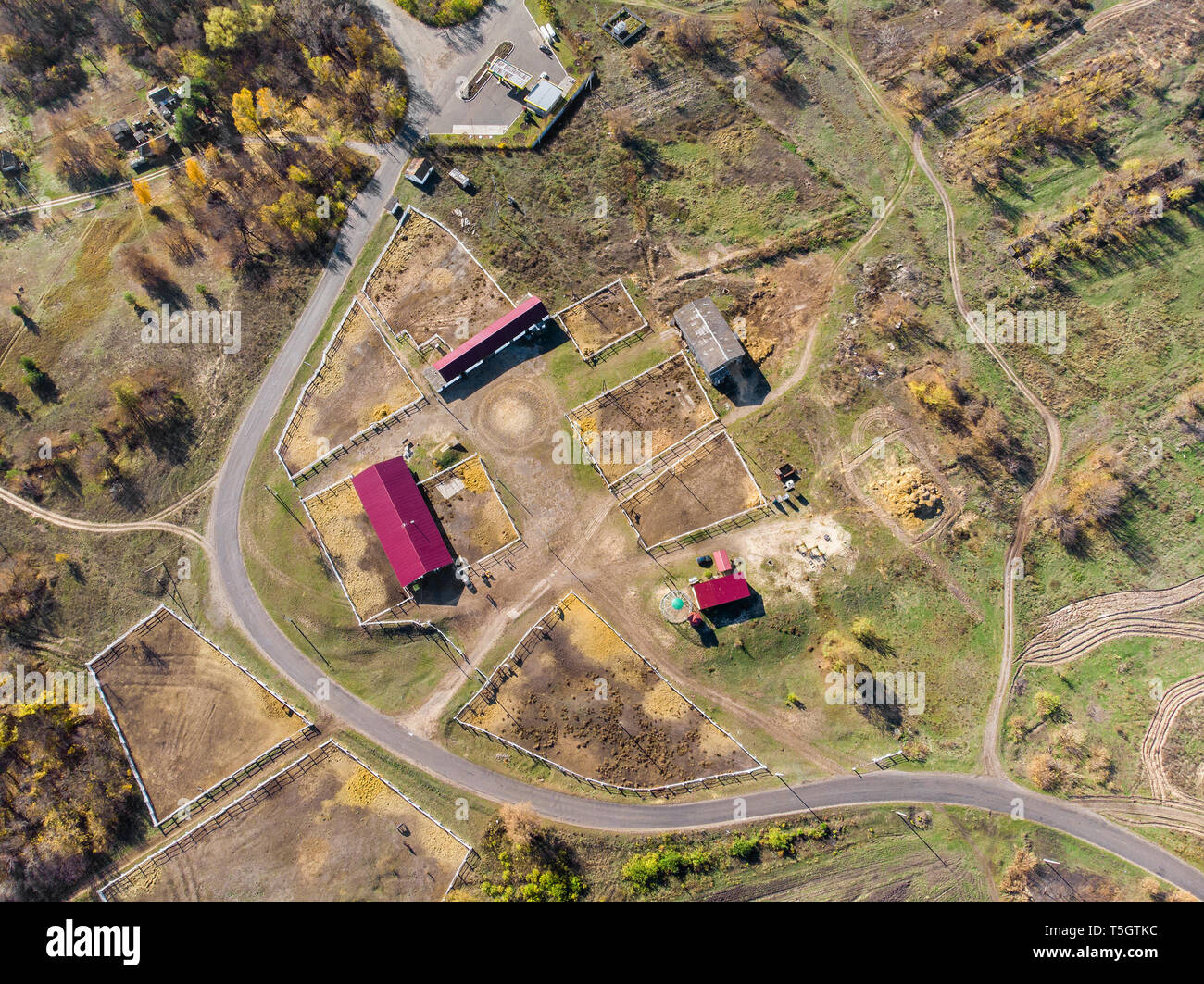 Aerial drone view of rural horse farm or ranch. Village or countryside ...