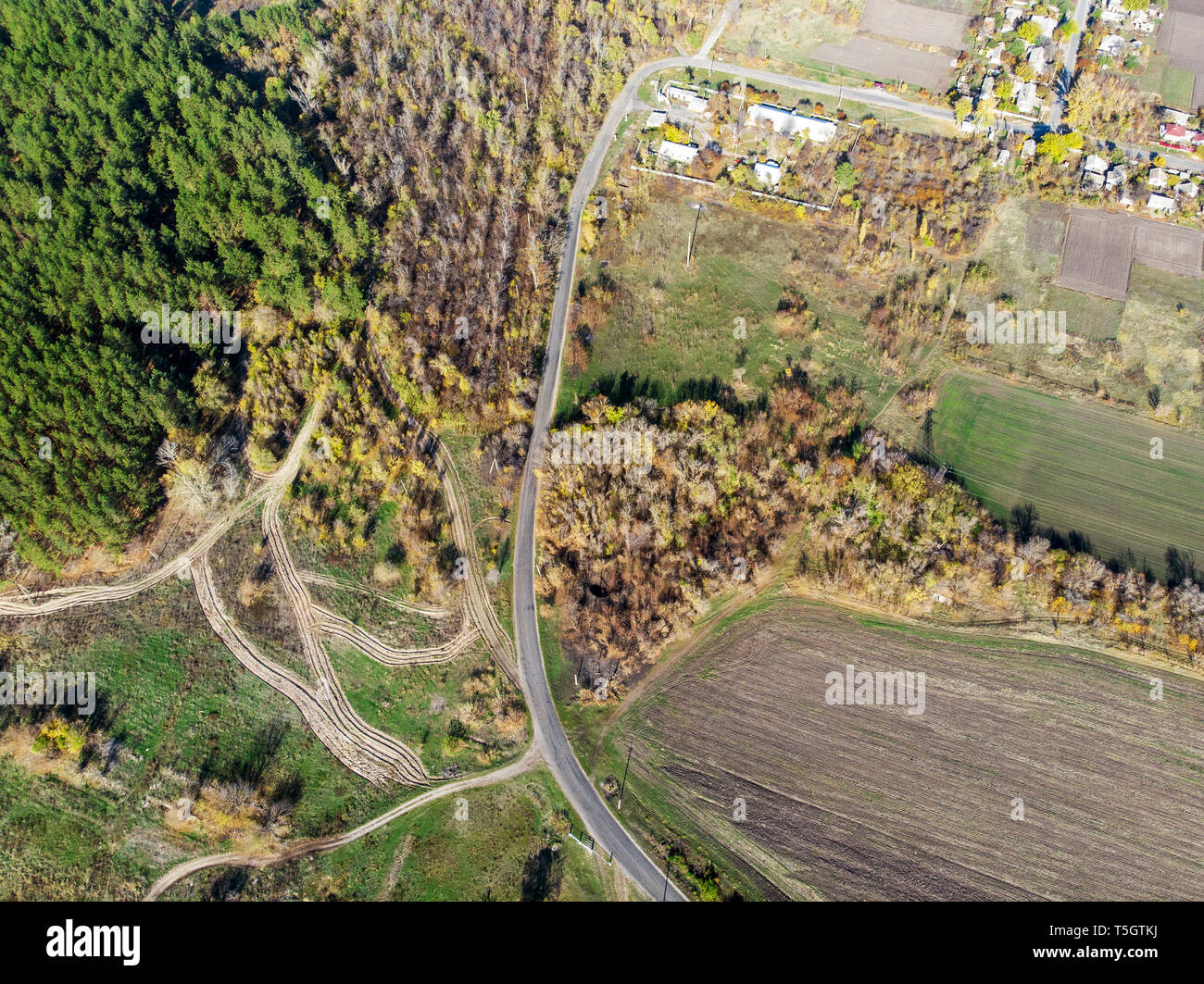 Aerial drone view of rural horse farm or ranch. Village or countryside ...