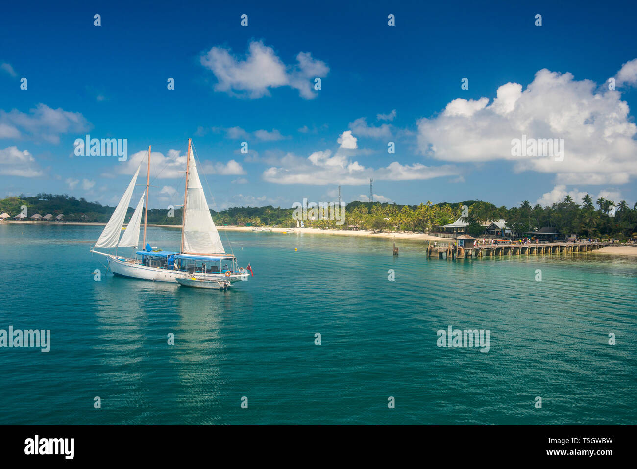 Fiji, Mamanuca islands, Sailing boat anchoring on Mana island Stock ...