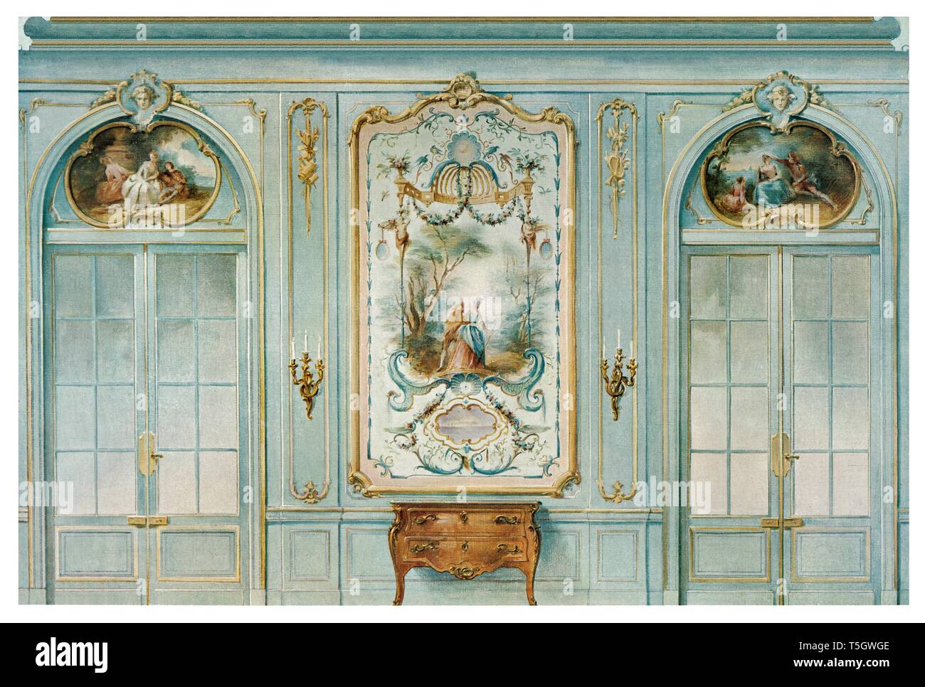 Large lounge Louis XV Style, front of the doors. Vintage illustration ...