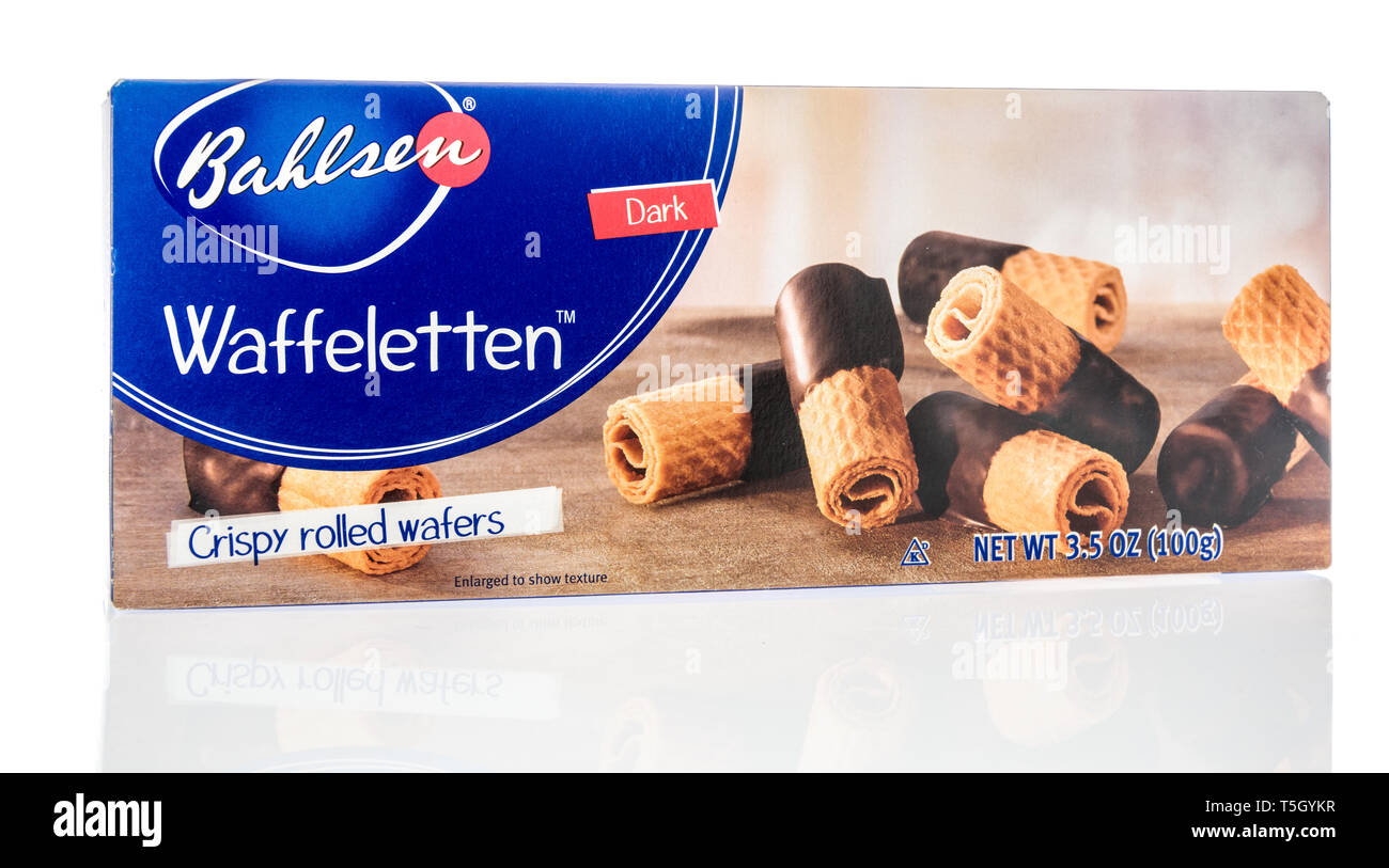 Winneconne, WI - 19 April 2019: A package of Bahlsen waffeletten crispy ...