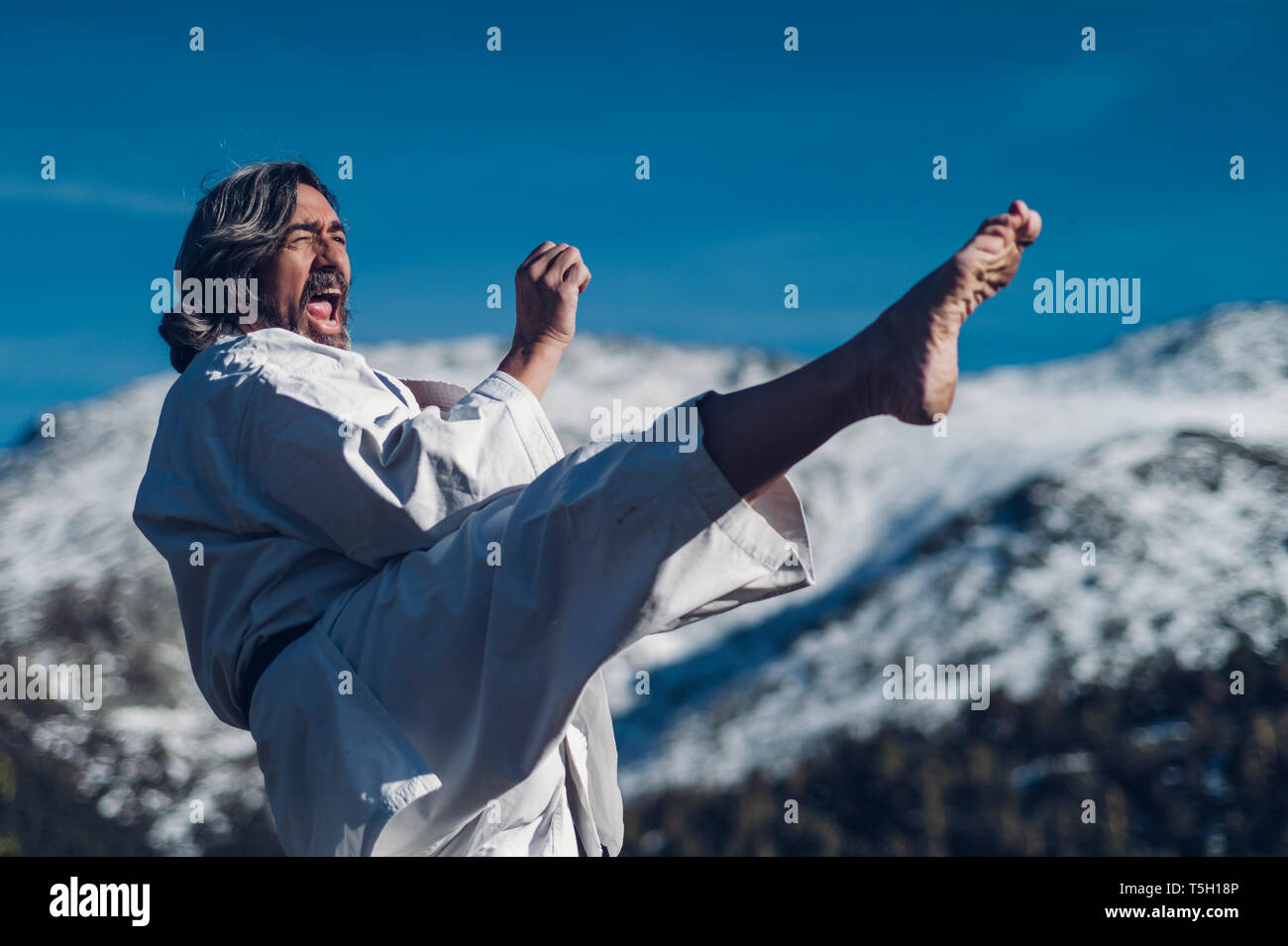 Senior man practicing karate outdoors Stock Photo - Alamy