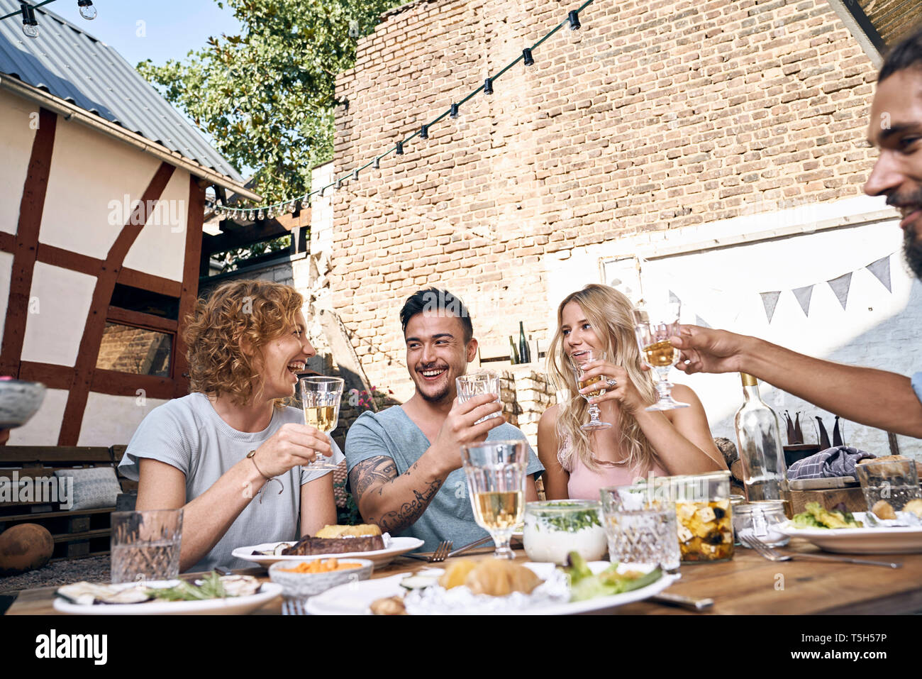 Friends having fun at a barbecue party, eating together Stock Photo - Alamy