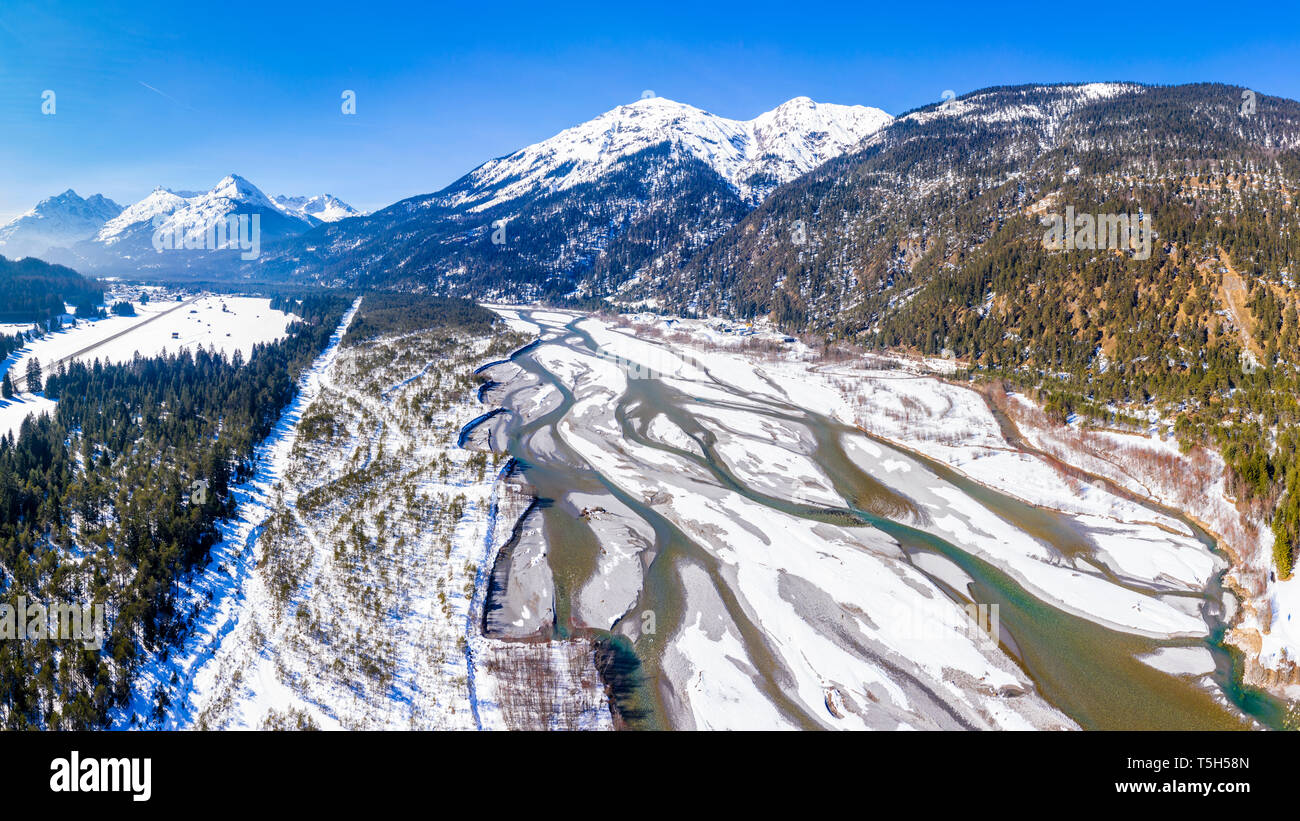 Austria, Tirol, Lech valley, Lech river in winter, aerial image Stock ...