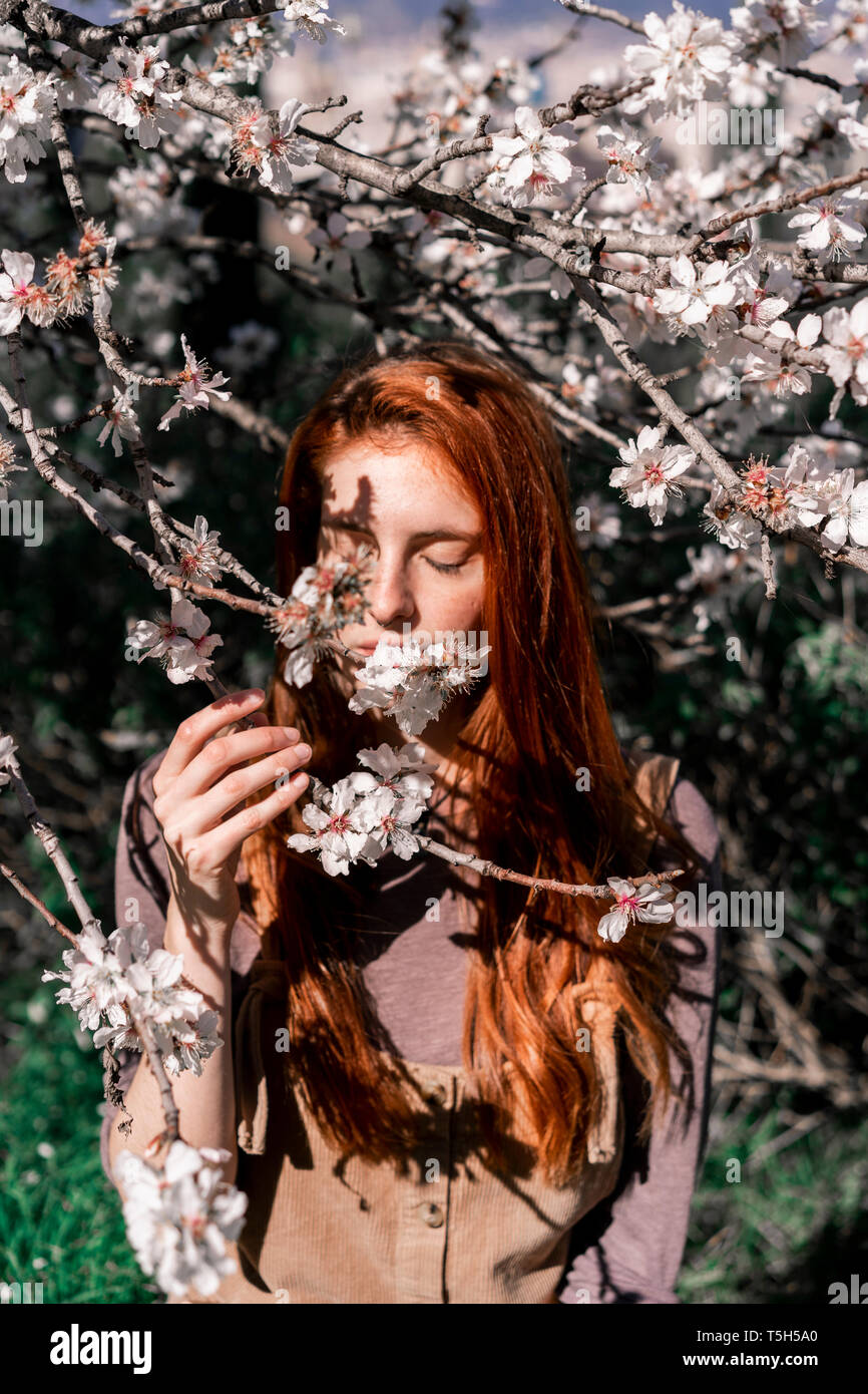Redheaded woman smelling tree blossoms Stock Photo - Alamy