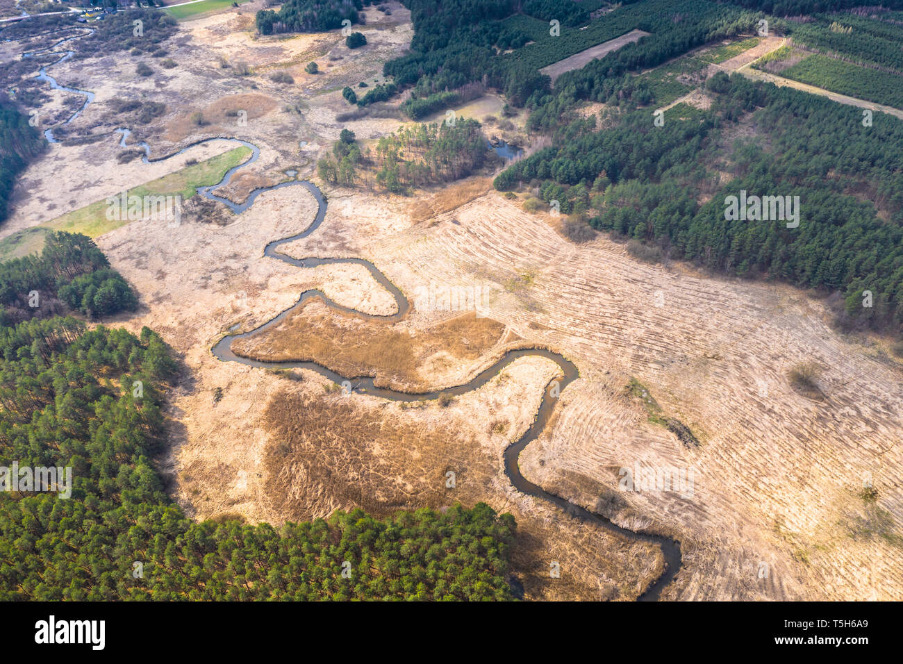 Aerial drone view, the bend of the river with sandy stretches Stock ...