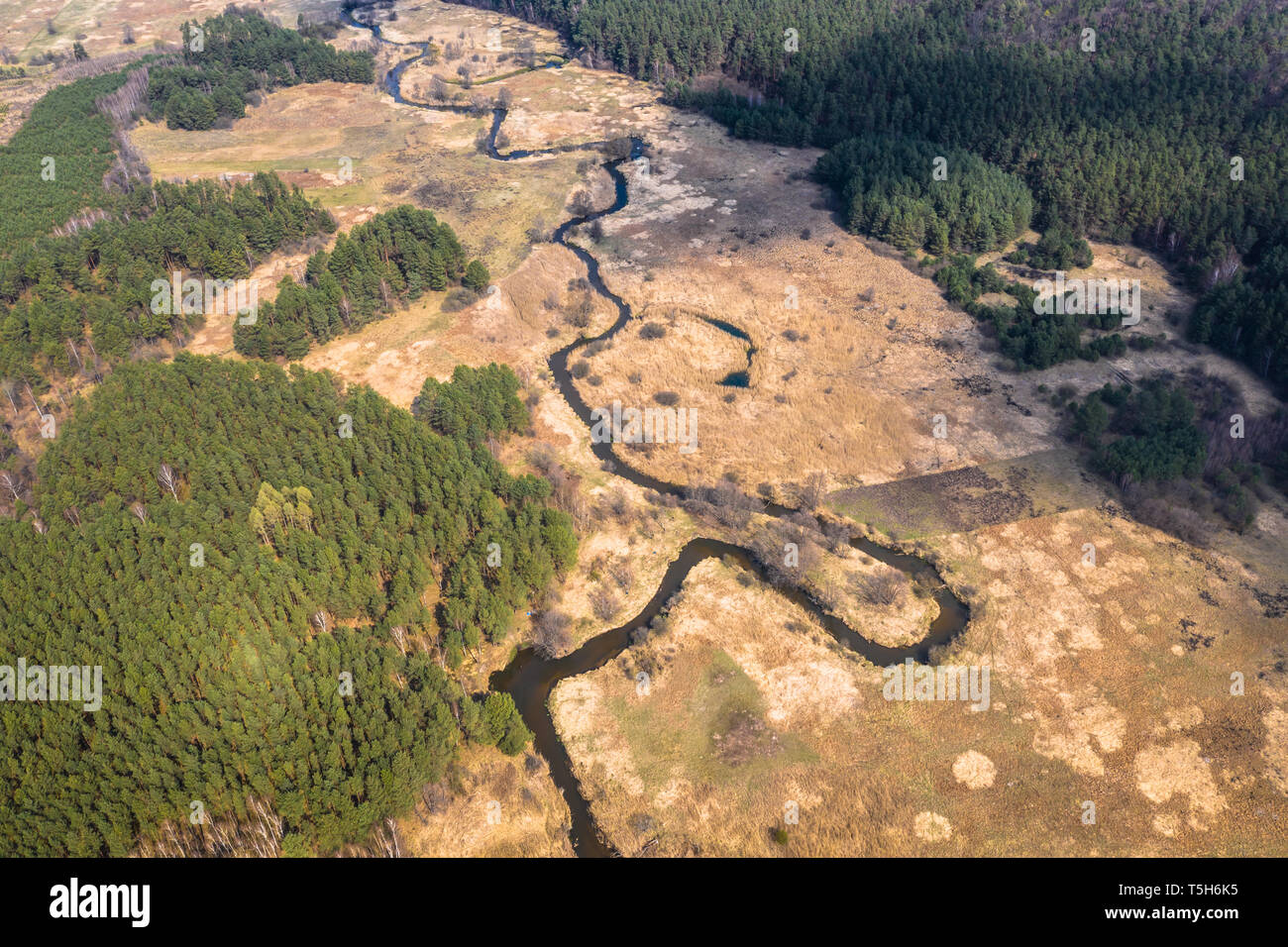 Aerial drone view, the bend of the river with sandy stretches Stock ...
