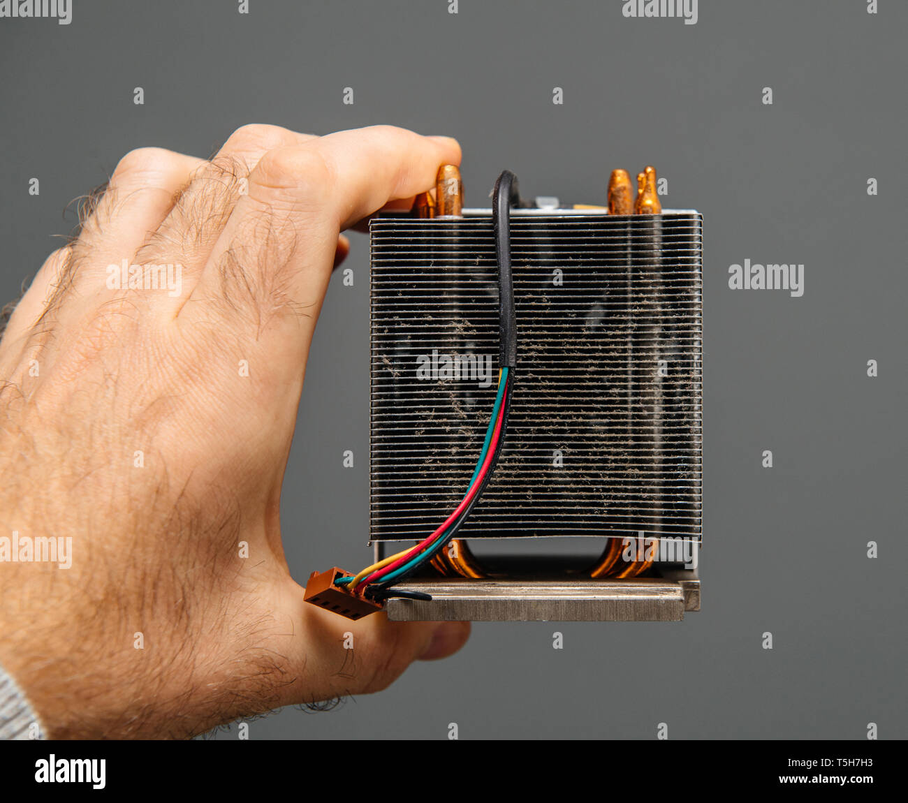 Man holding dusty dirty computer CPU heatsink cooler of a server ...