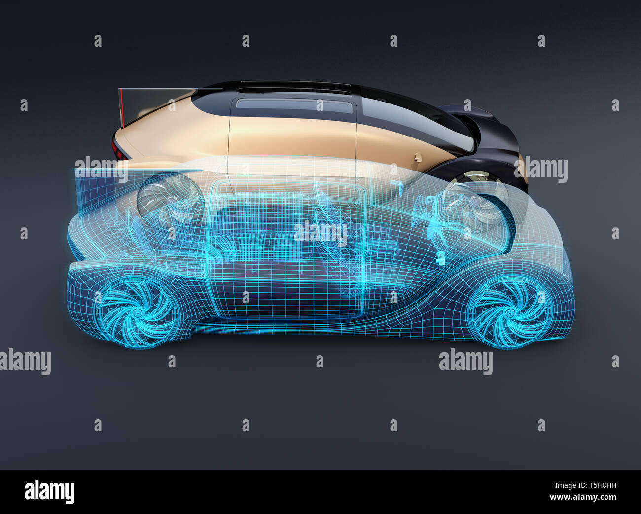 Autonomous electric car and wireframe rendering of the car body on ...