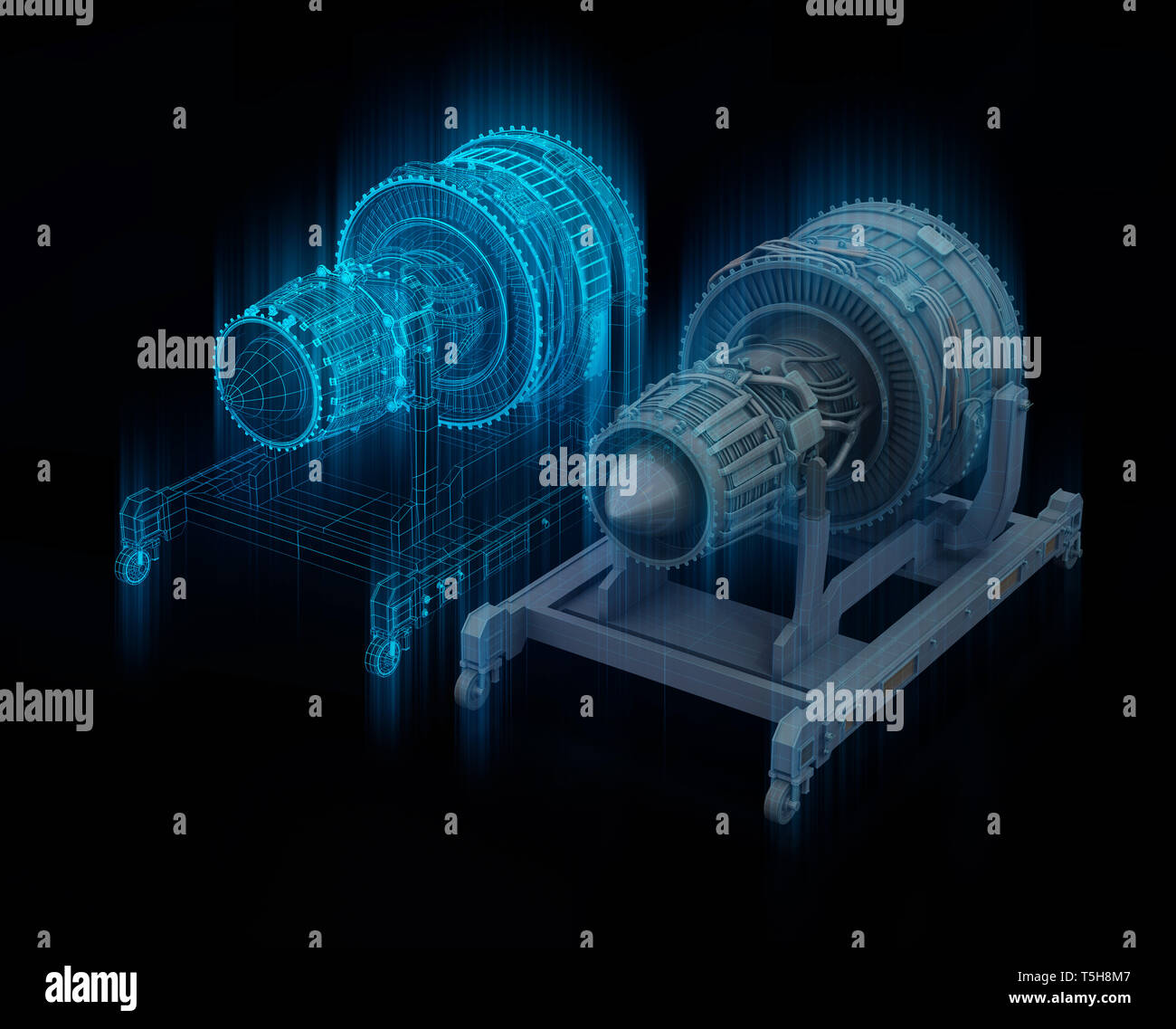 Wireframe rendering of turbojet engine and mirrored physical body on ...