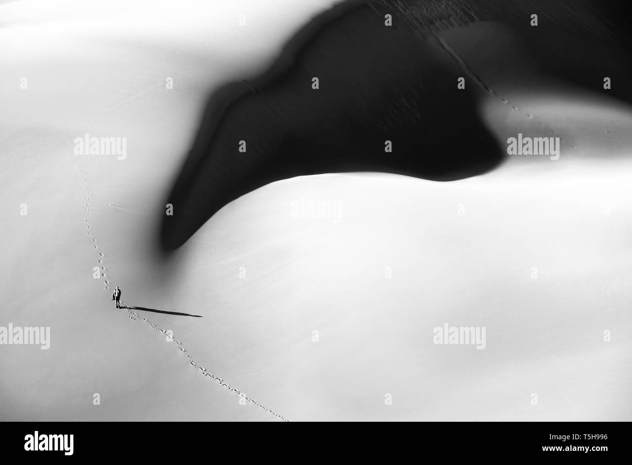 Small Man Hiking on Sand Dunes Stock Photo - Alamy