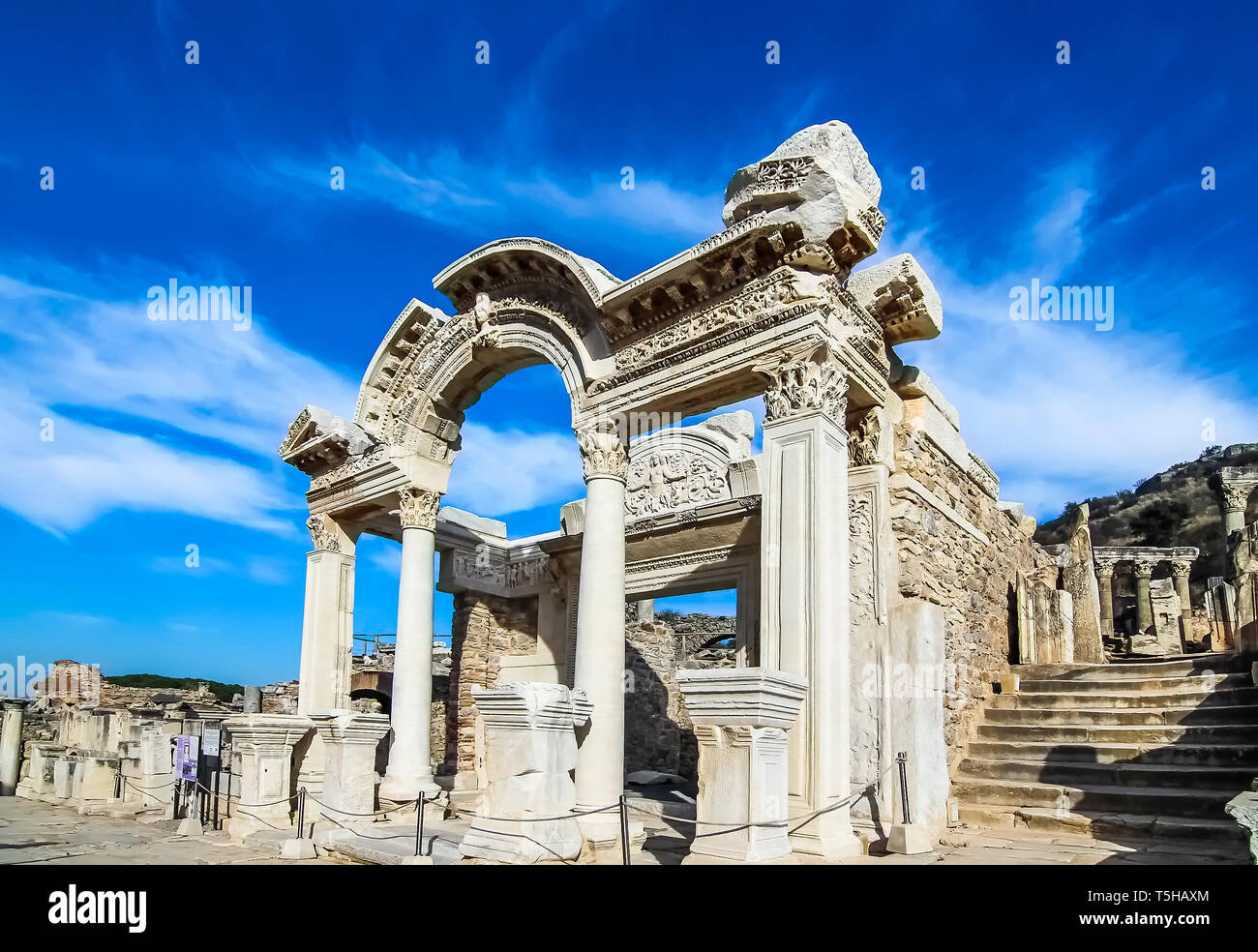 Reconstructed Temple of Hadrian in Ephesus, with key stone in placed ...