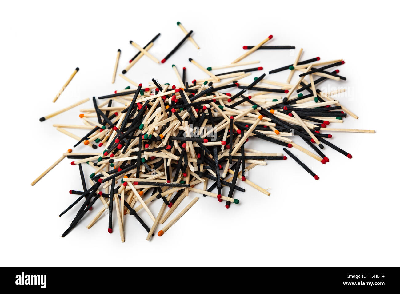 A lot of matches are mixed, of different color, isolated on white ...