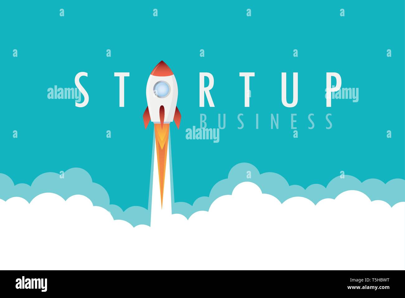 startup business text concept rocket launch with smoke vector ...