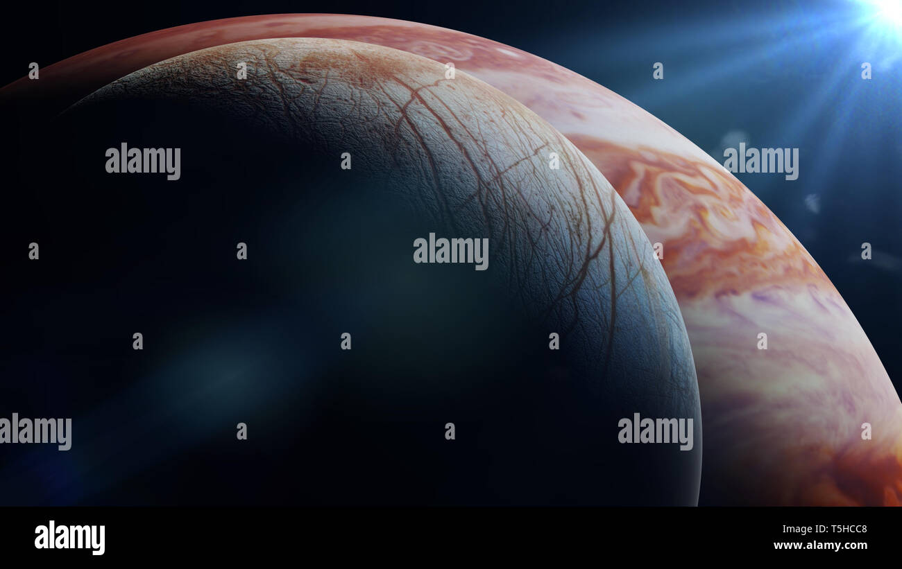 Jupiter's moon Europa in front of the planet Jupiter (3d render, elemen ...