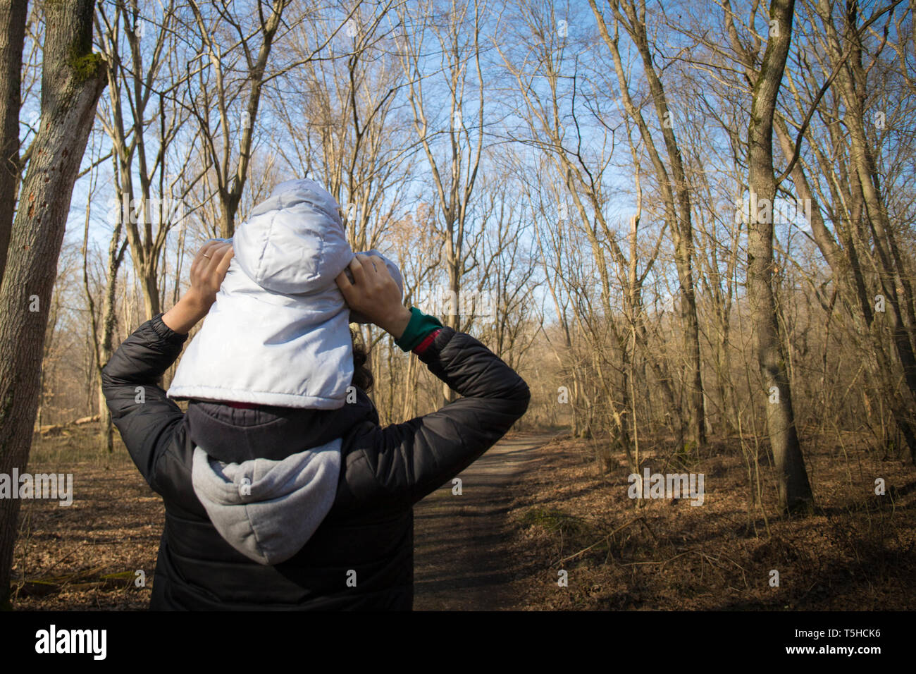 Young dad carrying baby on his shoulders in a forest in winter season ...