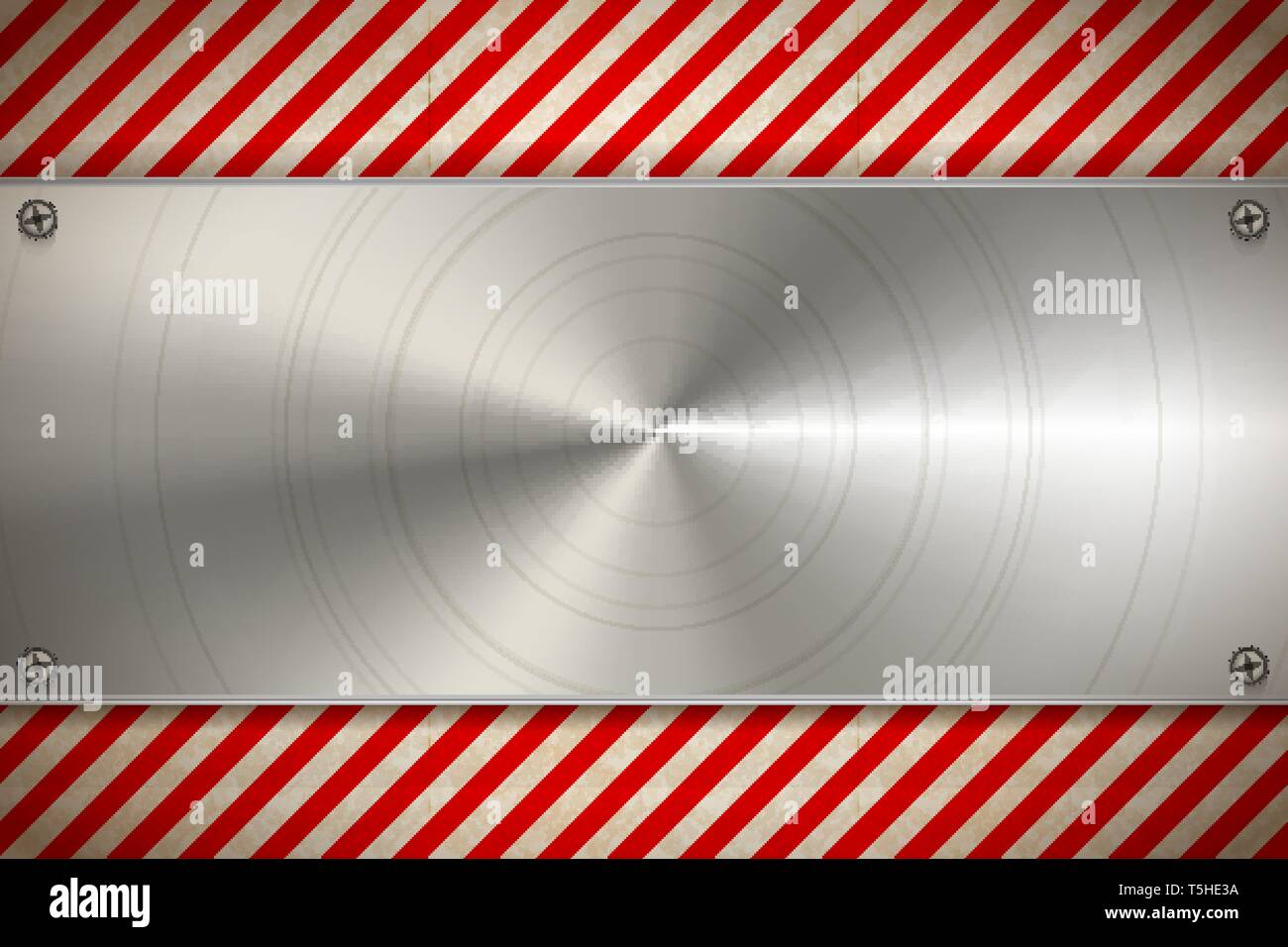 Industrial background with polished metal blank plate on worn warning ...