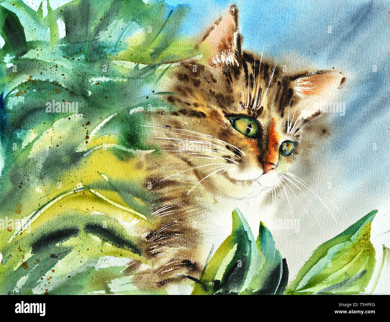 Beautiful illustration of a fluffy striped multicolor cat with yellow ...