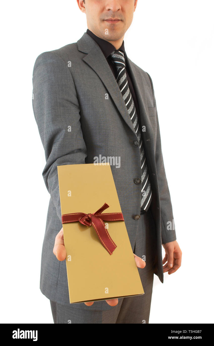 businessman giving an invitation on white background Stock Photo - Alamy