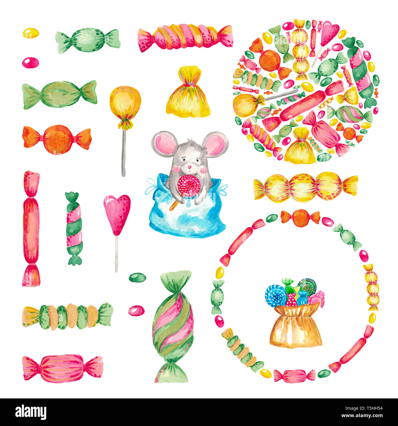 Set Watercolor illustration candy of a gray mouse on a white isolated ...