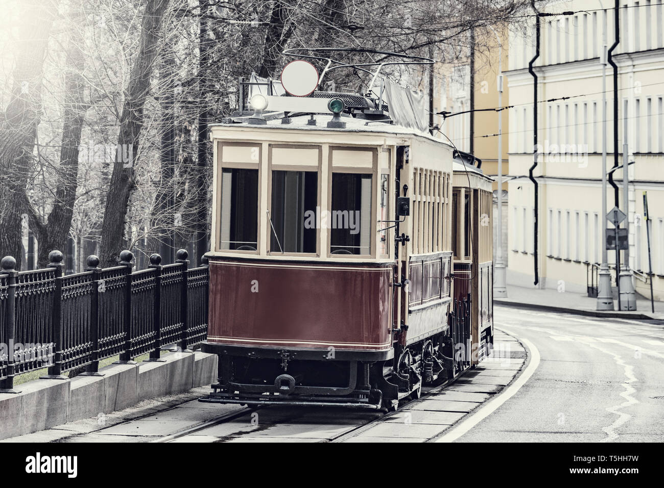 Vintage tram on the town street in the historical city center. Moscow ...