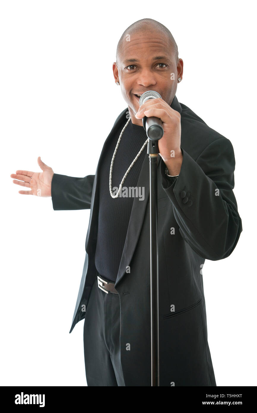 African American singer standing on a white background Stock Photo - Alamy
