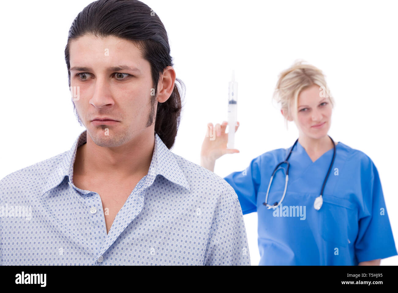 young funny man medical afraid of injection, shallow dof Stock Photo ...