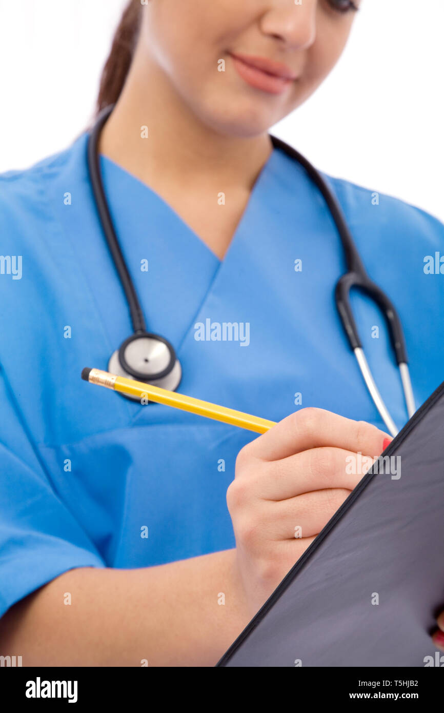 female medical doctor taking notes on white background Stock Photo - Alamy
